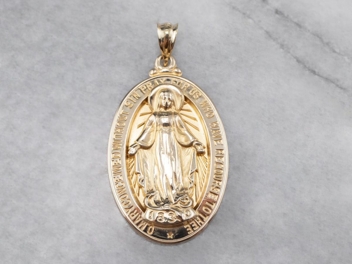 14K Gold Mary Religious Medal Pendant